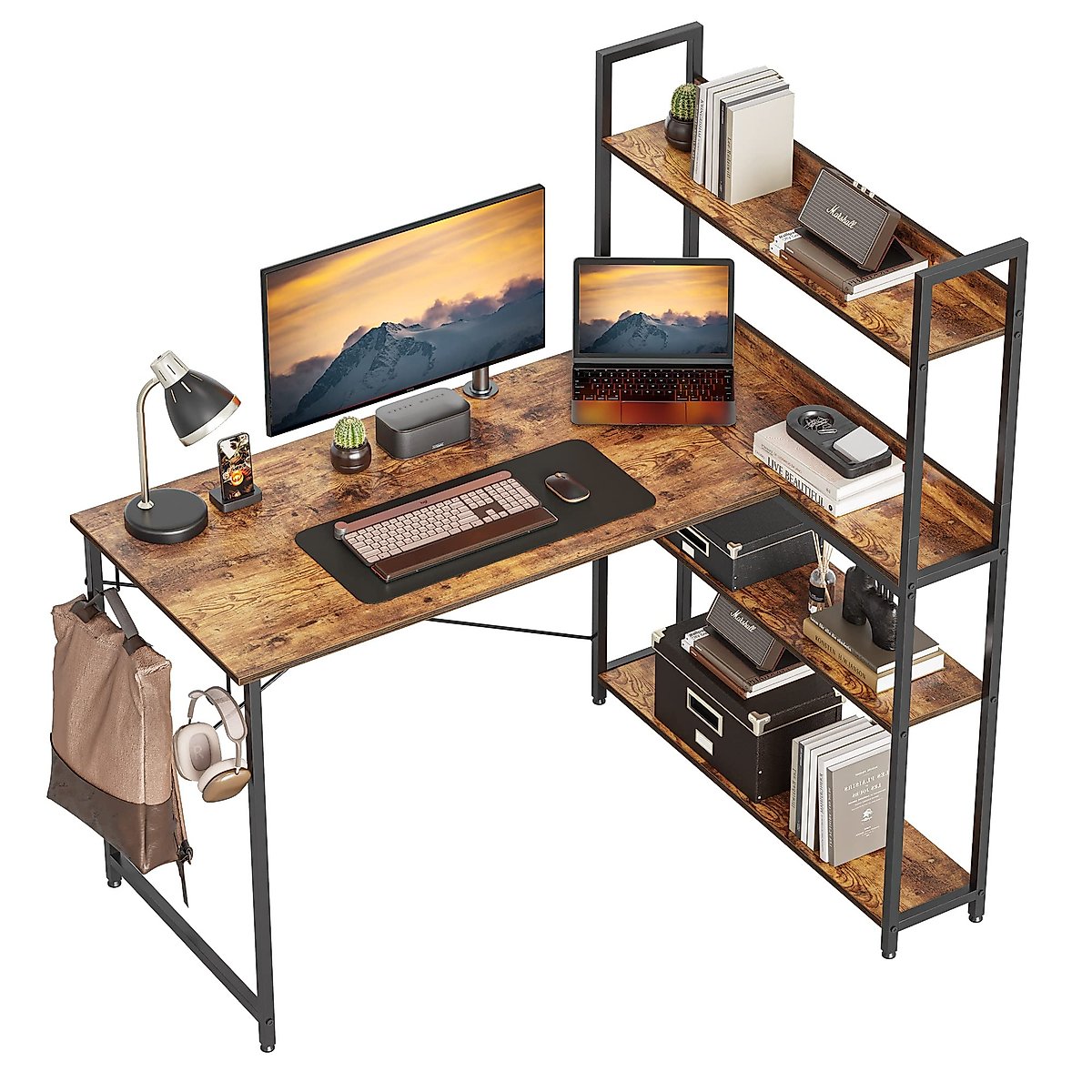 CubiCubi Computer Corner Desk with Storage Shelves, 47 Inch Reversible L Shaped Desk with Bookshelf, Home Office Writing Desk with Hooks, Small L Study Table, Rustic Brown