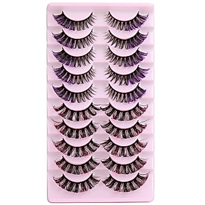 Colored Eyelashes D Curl False Eyelashes with Color Fluffy Wispy Fake Eyelashes Colored Lashes Strips 10 Pairs 2 Styles Cat Eye Lashes Pack by Zenotti (Pink & Purple)