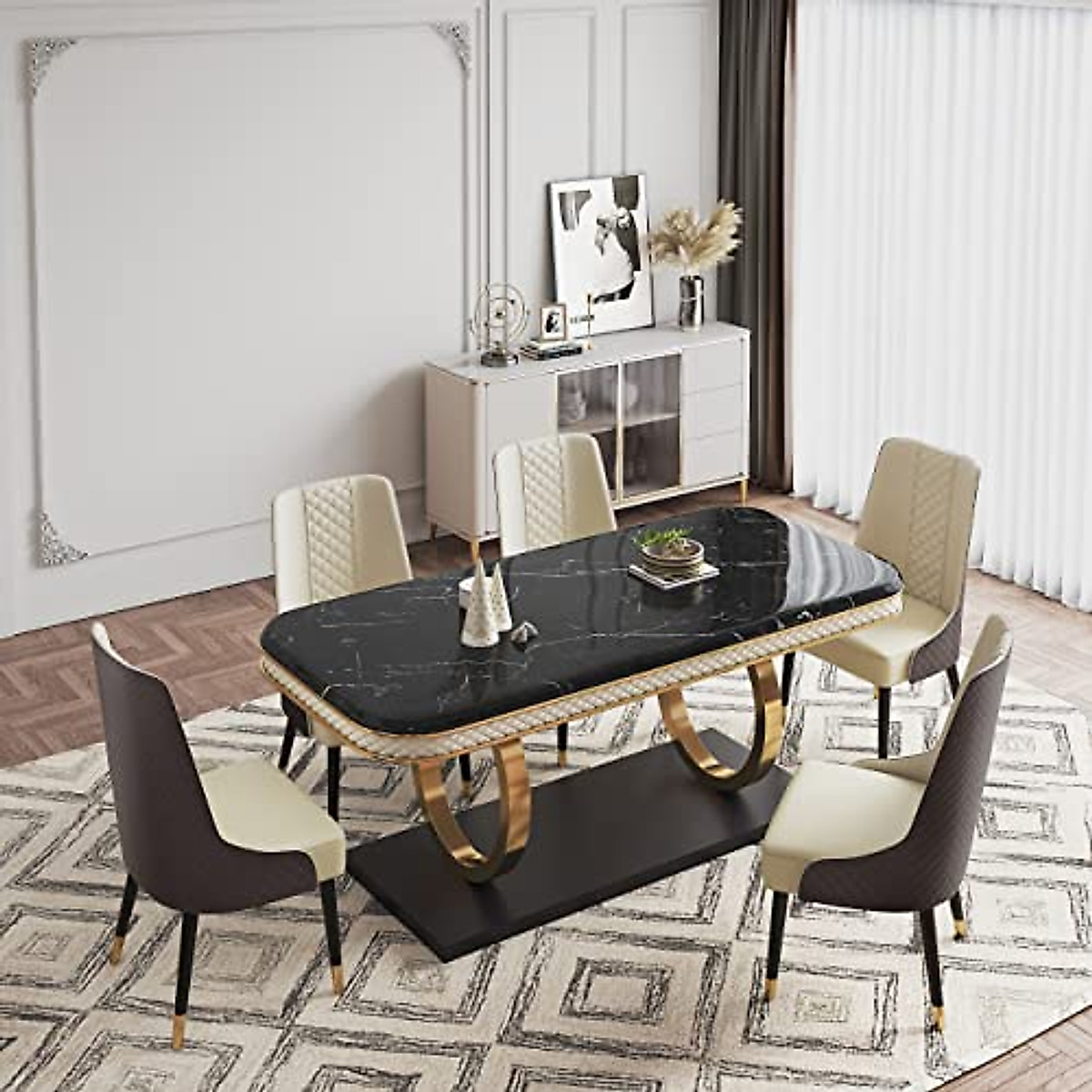 POVISON Dining Table, Black Modern Dining Table for 6, 63'' Rectangular Dining Table with Marble Top for Kitchen & Dining Room, with Unique Stable Luxury Pedestal