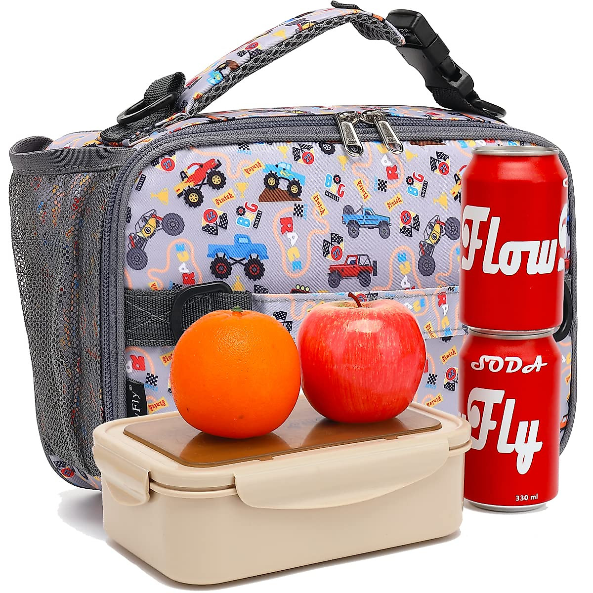 FlowFly Kids Lunch Bag, Durable Insulated School Lunch Box with Shoulder Strap and Bottle Holder, Water-resistant Thermal Small Lunch Cooler Tote for Teen Boys & Girls,Truck