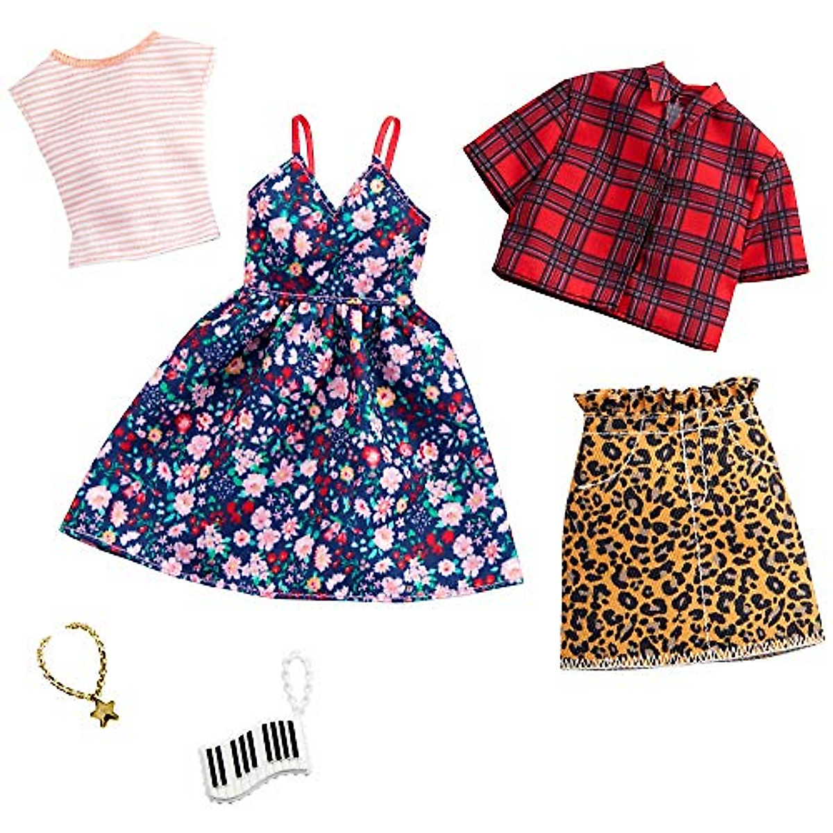 Barbie Clothes: 2 Outfits Doll Include A Floral Dress, Striped T-Shirt, Animal-Print Skirt, Plaid Top, Piano Key Purse and Necklace, Gift for 3 to 8 Year Olds​