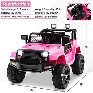 Costzon Ride on Car, 12V Battery Powered Electric Vehicle w/Parent Remote Control, Spring Suspension, Storage, 3 Speeds, LED Light, MP3, Music, USB & AUX Port, Safety Belt, Kids 4 Wheeler Truck, Pink
