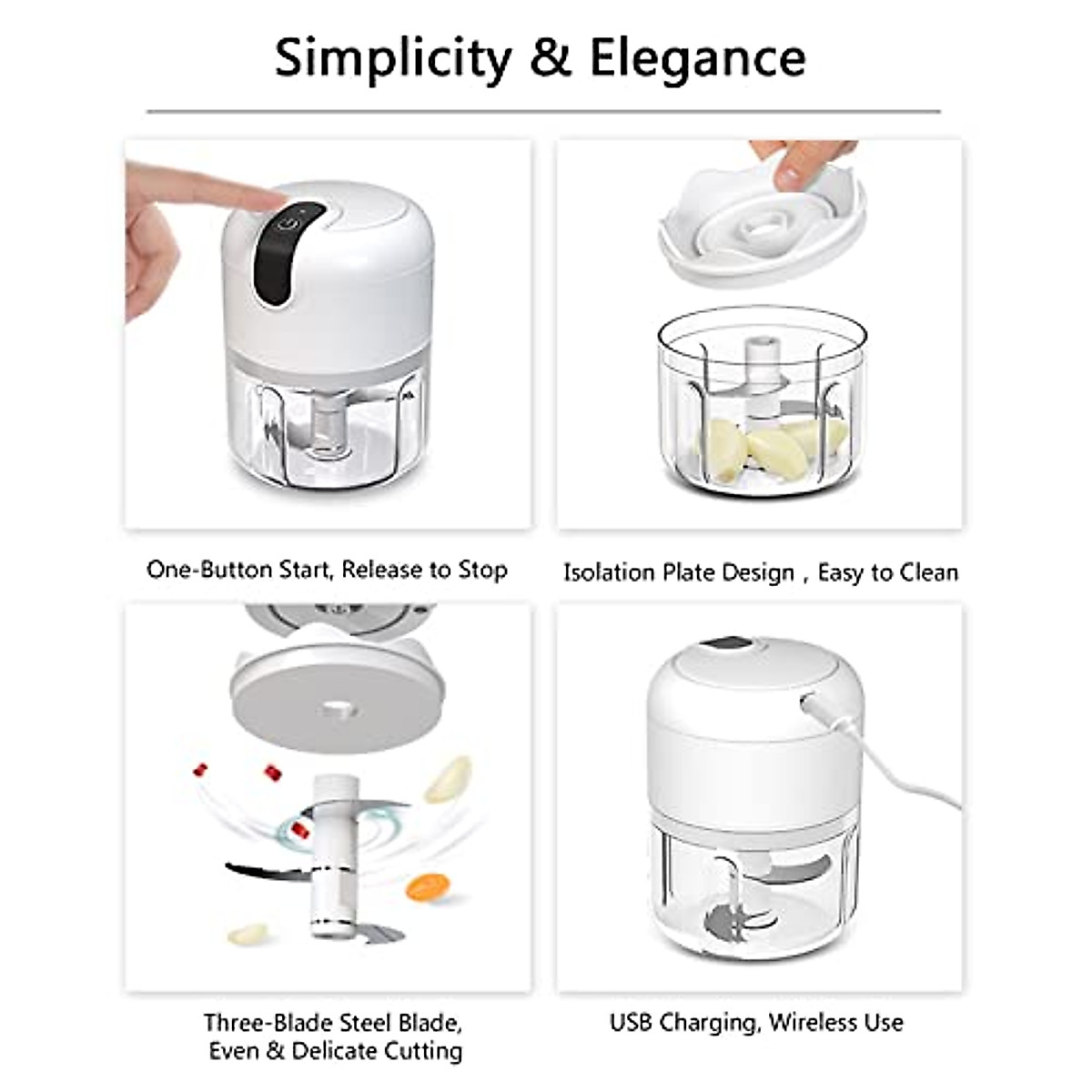Pogeair White 3 CUP Cordless Mini Food Chopper,Small Food Processor for Garlic,Nut,Meat(100+250+350ML)