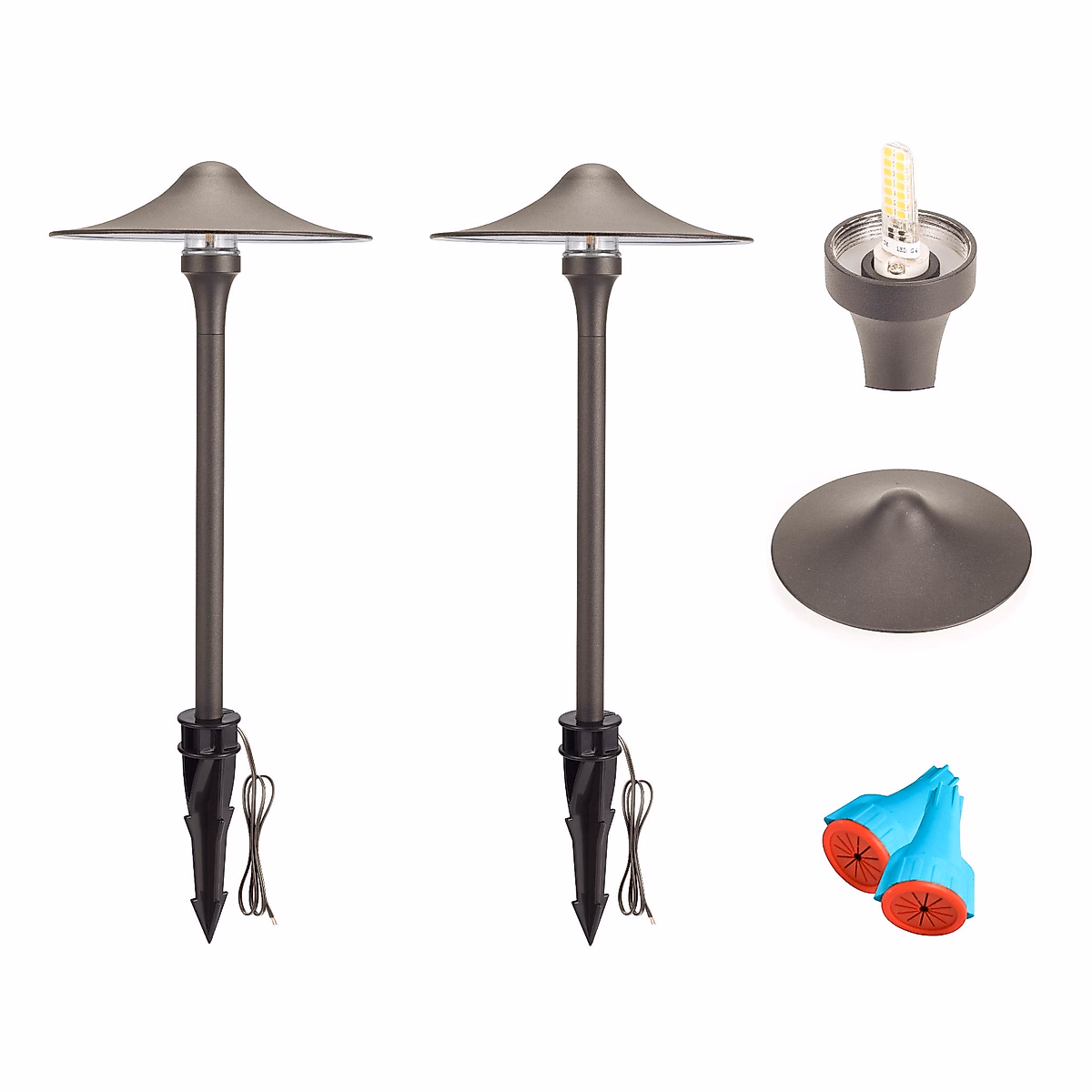 LIT-PaTH LED Landscape Pathway Light, 12V Low Voltage, 2W 170 Lumens, for Outdoor Yard Lawn, Die-cast Aluminum, Water-Proof, Bronze Finish-3000K, Large Cap, 2-Pack