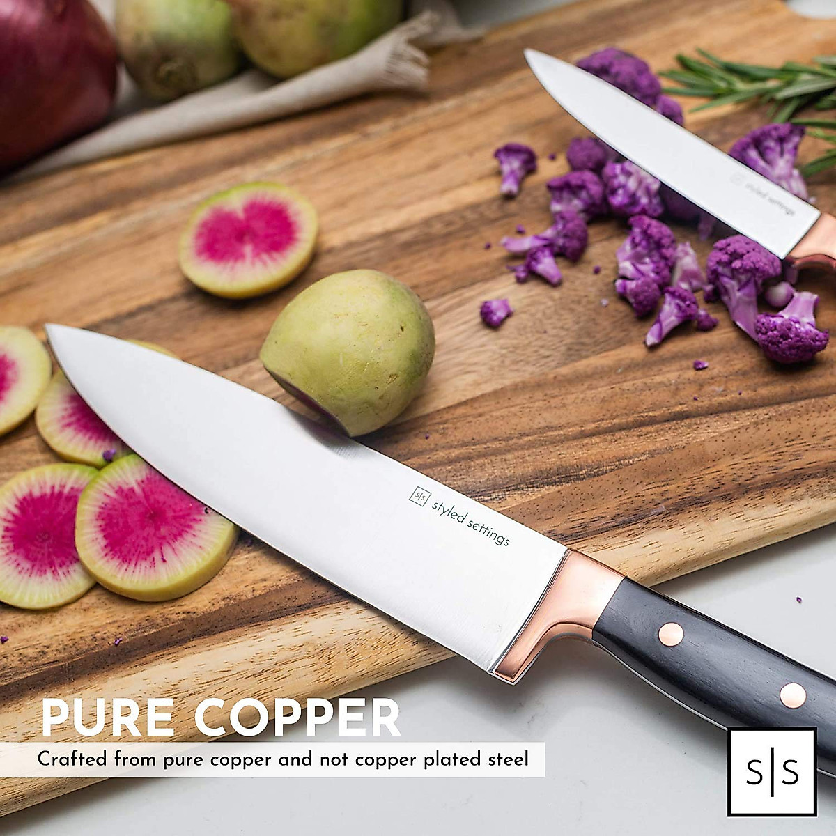 Copper Knife Set, A Knife Set with Sharpener Built-In, Upright 7-Piece Rose Gold Knife Set - Self Sharpening Knife Set With Block, Rose Gold Kitchen Accessories