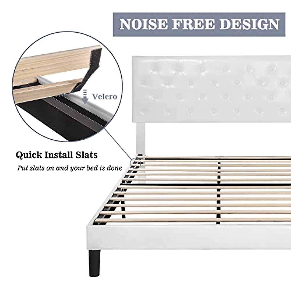Allewie Full Bed Frame with Adjustable Diamond Stitched Button Tufted Headboard/Faux Leather Upholstered Platform Bed with Easy-Assembly Wood slats, White