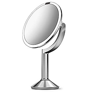 simplehuman ST3024 20cm Sensor Mirror Trio with Touch-Control Brightness, Light Up Makeup Magnifying Mirror, 10x, 5x, 1x Magnification, LED, Dual Light Setting, Rechargeable, Brushed Stainless Steel