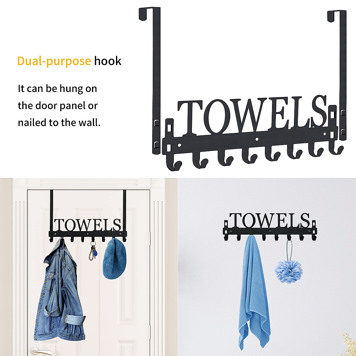 Over The Door Hooks, Towel Holder for Bathroom, Door Mount Towel Rack Towel Hooks for Bathroom Kitchen Pool Beach Towels Bathrobe Wall Mount Towel Hanger Metal Sandblasted (Black)