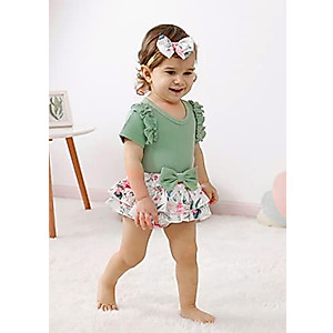 nilikastta Newborn Baby Girl Clothes Infant Girl Summer Outfit Ruffle Sleeve Romper Floral Shorts Bowknot Headband Set(Green,3-6M)