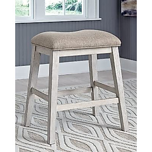 Signature Design by Ashley Skempton 4 Piece Counter Height Dining Set, Includes Table and 3 Barstools, Whitewash & Skempton Modern 24" Counter Height Upholstered Barstool, 2 Count, Whitewash