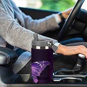 Beautiful Purple Butterfly Floral 30 Oz Tumbler with Handle And Flip Straw, Stainless Steel Vacuum Insulated Travel Mug, Thermal Cup for Coffee, Water, Iced Drinks, Fits Car Cup Holders (Home, Sports)