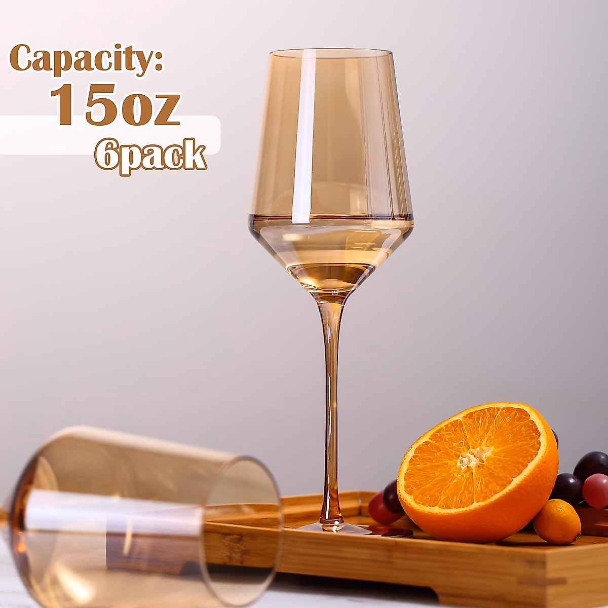 Amber Wine Glasses Set of 6-15oz Hand-Blown Long Stem Wine Glasses, Unique Wine Glasses Gift For Bar, Party