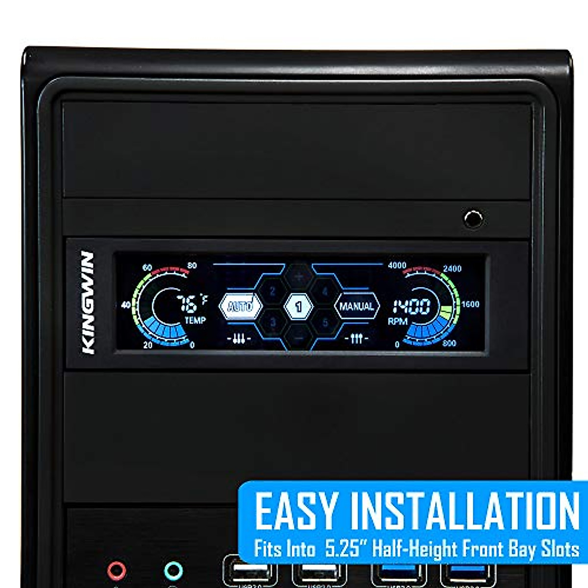 Kingwin FPX-007 Performance 5.25” Touchscreen LCD Fan Controller Cooling with Liquid Crystal Display Module. Features Temperature Monitor, RPM Display, and Fan Fail Alarm