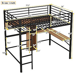 ATY Full Size Loft Bed with Wooden L-Shaped Desk and Small Storage Cabinet, Sturdy Metal Bedframe w/Shelves & Ladder, Save Space Design, for Kids Bedroom, Drom, No Spring Need Required, Black