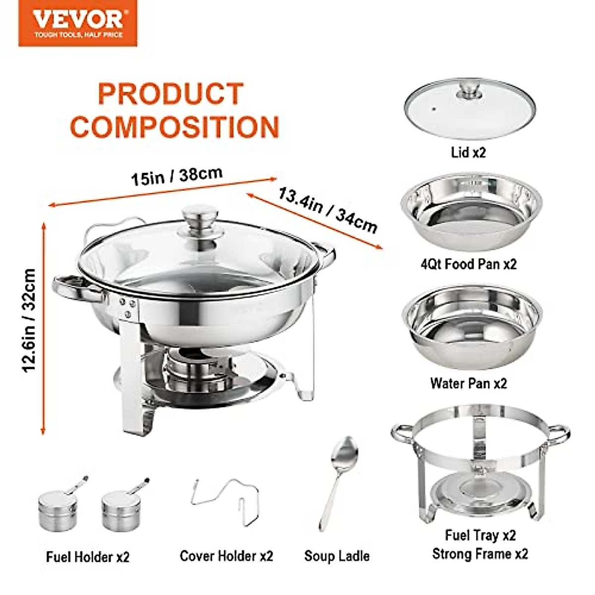 VEVOR Round Catering Warmer Server Chafing Dish Buffet Set, 2 Packs, 4 Quart