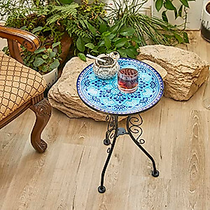 Lifoberstar Small Patio Side Table 21" End Table with 14" Blue Mosaic Glass Top Round Accent Table Bistro Balcony Coffee Tables Plant Stand for Livingroom Bedroom Indoor Outdoor Furniture