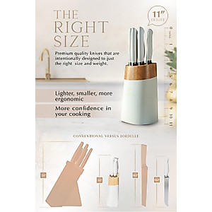 Lordelle Knife Block Set - 5 Piece Set - White Chantilly Snow - Lifestyle Home Kitchen Design - German X50 Stainless Steel - ABS Handle - Ash Wood Block - Cooking Chef Knife, Santoku, Paring, Utility