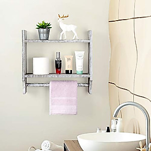 Wall Mounted Shelf with Towel Bar Rack, Rustic Towel Rack with Storage Shelf Farmhouse 2-Tier Hanging Torched Wood Shelf Organizer Floating Shelves Towel Holder for Kitchen, Bathroom, Greyish White