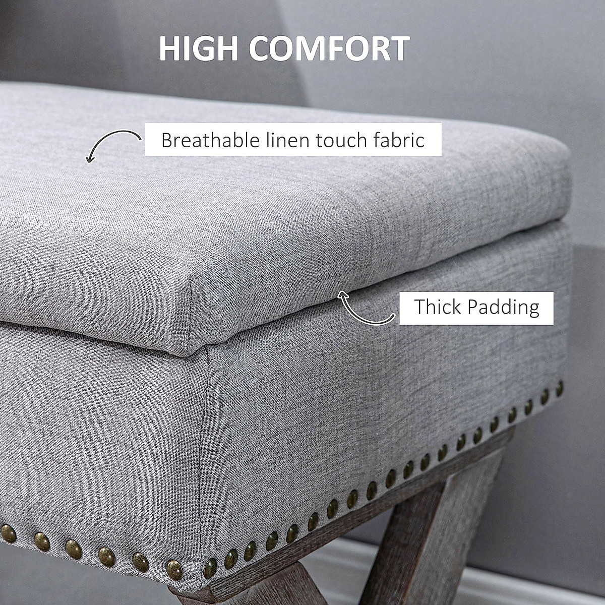 HOMCOM 35.75" Storage Ottoman, Upholstered Storage Bench with Hidden Space, Nailhead Trim and X-Shaped Wood Legs, for Living Room, Entryway, Bedroom, Grey
