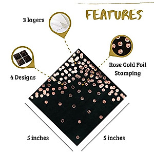 100 Black and Rose Gold Napkins - 4 Assorted Designs, 3-Ply Cocktail Napkins Folded 5x5 Inches Bar Napkins Disposable Beverage Party Napkins Paper Napkins Dinner for Wedding Birthday