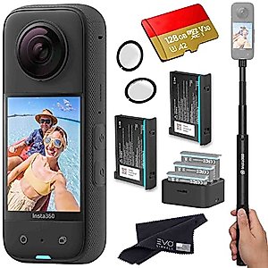 insta360 X3 - Waterproof 360 Action Camera Bundle Includes Extra 2 Batteries, Charger, Invisible Selfie Stick, Lens Guard & 128GB Memory Card Black