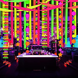 UNIIDECO Glow in The Dark Neon Streamers Garlands Kit, Dance Party Black Light UV Reactive Florescent in Decorations Backdrop, Crepe Paper Roll Circle Dots, Fiesta Graduation Birthday Party Supplies