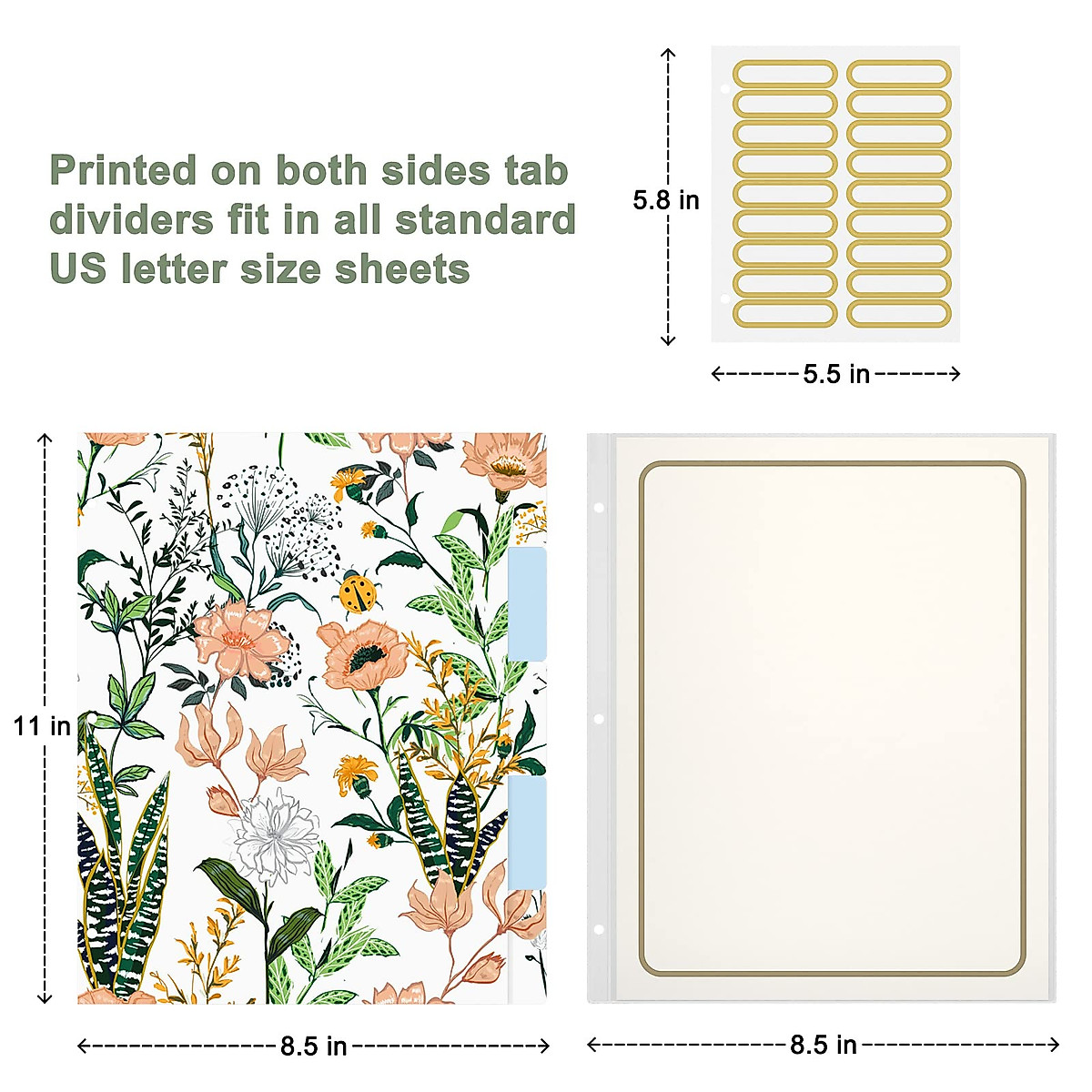 Rouidr 3 Ring Binder with clipboard, 1 inch 8.5 x 11 in Letter Size View Binders Organizer with Dividers Tabs & Clear Sleeves, School Supplies, Office Supplies, Cute Flower