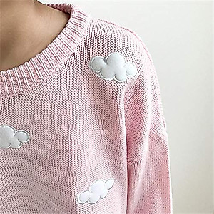 Women Kawaii Ulzzang Thick Vintage College Loose Sweater Female Sweet Cute Clouds Embroidery Knitted Kawaii Casual Pullover Pink