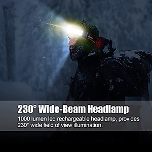 Spriak LED Rechargeable Headlamp, 1000lumens 230° Widebeam Headlight, USB Rechargeable Head Lamp with Red Taillight, Lightweight Waterproof Headlamps for Camping Running Hiking, Hard Hat Headlamp