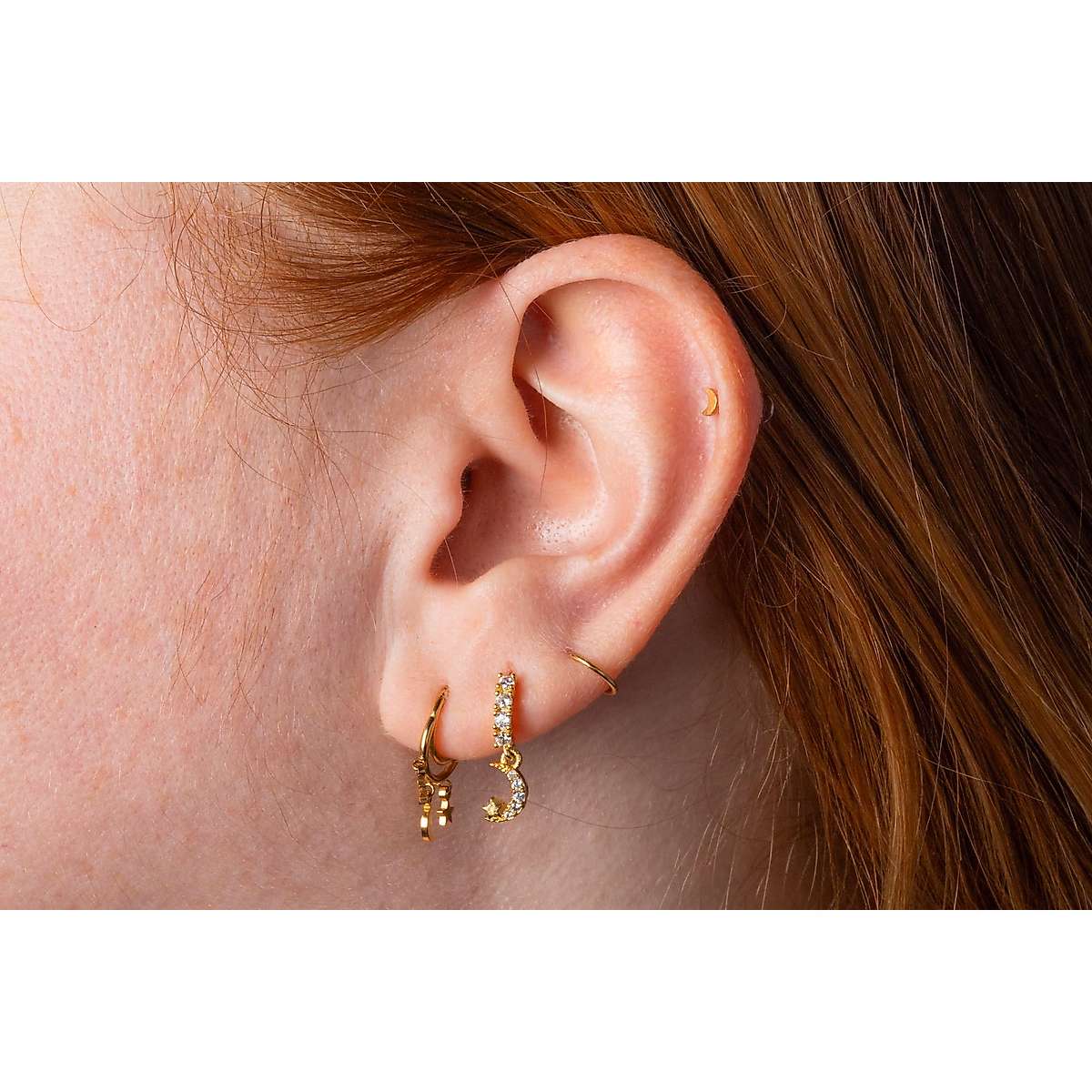 Pierced Owl 16GA 316L Stainless Steel Double Hoop with Sun, Star and Crescent Moon Dangling Charms Hinged Segment Clicker Ring (Gold Tone)