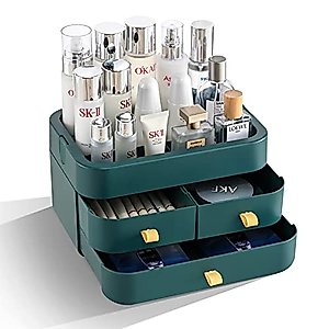 Makeup Organzier with Drawers for Vanity, Cosmetic Organizer Countertop, Cosmetic Display Cases, Desk Organizer with 3 Drawer for Skincare Organizer and Storage, Make up Storage Organizer, Green