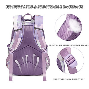 Rexmore Kids Backpack for Girls,3 Pcs Set Elementary Bookbag Waterproof Cute School Bag with Multi Pockets and Compartment,Purple
