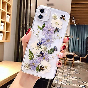 Abbery for iPhone 11 Flower case, Clear Soft TPU Flexible Rubber Pressed Dry Real Flowers Case Blue White Flower Case for iPhone 11 (Navy Flower)