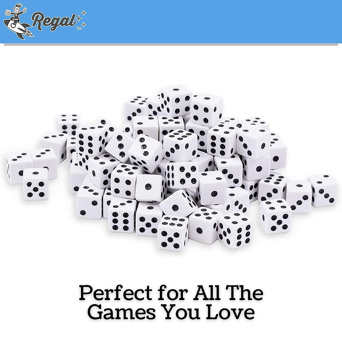 Regal Games - 6-Sided Urea Game Dice Set - Standard 16mm Size - 50 Count - White - Perfect for Group Events, Bulk Buying