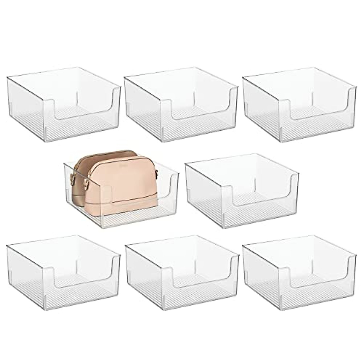 mDesign Modern Wide Plastic Open Front Dip Storage Organizer Bin Basket for Closet Organization - Shelf, Cubby, Cabinet, and Cupboard Organizing Decor - Ligne Collection - 8 Pack - Clear