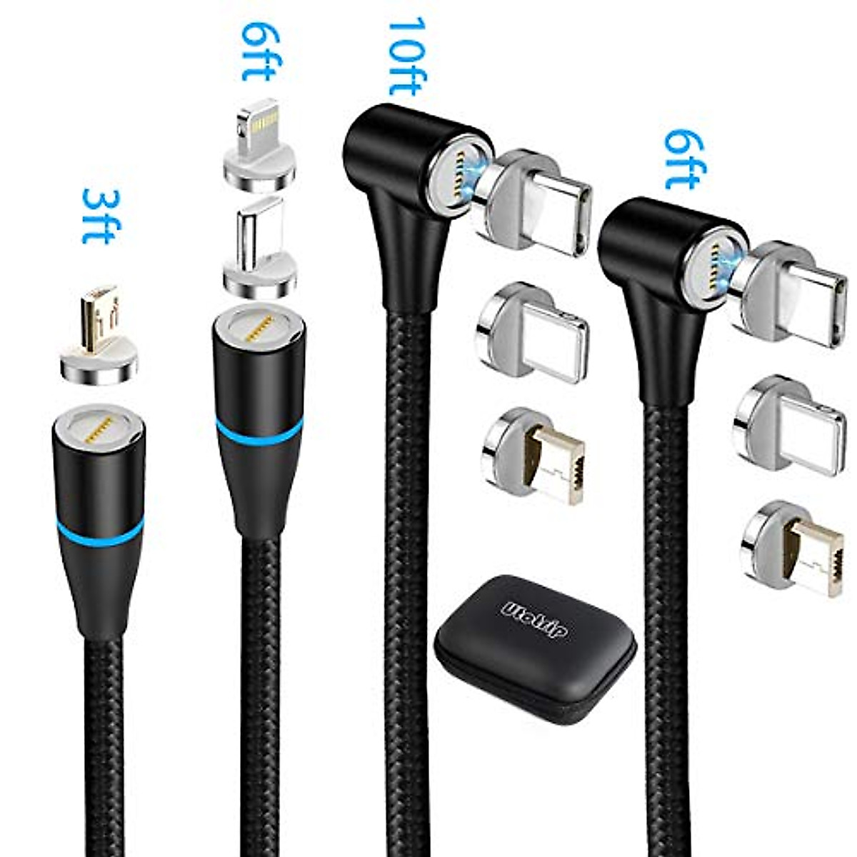 Utotrip Magnetic Charging Cable,(4-Pack,3ft,6ft,6ft,10ft) Magnetic 3A Fast Charging Cable,3-in-1 Data Transfer Magnetic Phone Charger Compatible with Micro USB,Type C(Black)