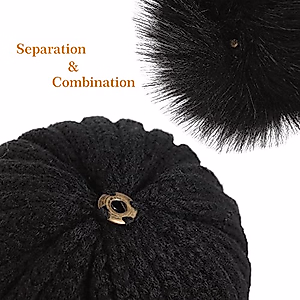 Muryobao Womens Winter Beanie Hat Warm Silk Satin Lined Cuffed Cable Knit Hat with Detachable Pom Ski Skull Cap Black