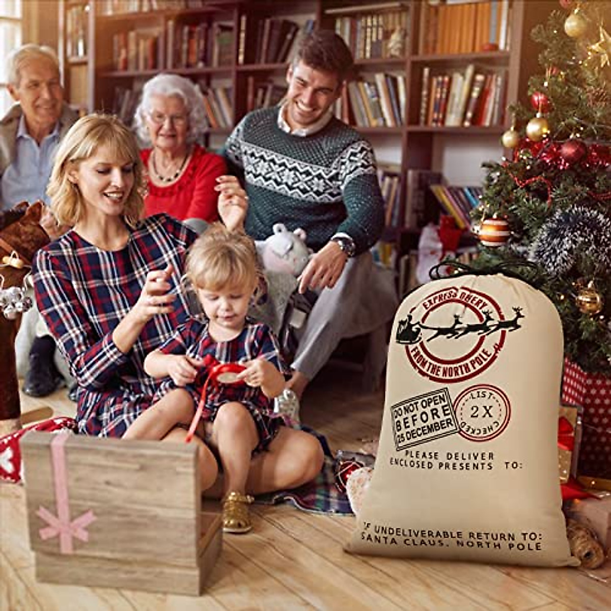 HBlife Canvas Santa Sack, 19.7 X 27.6 Inch Large Santa Bags for Gifts, Personalized Christmas Sacks for Presents with Drawstring, Style 3