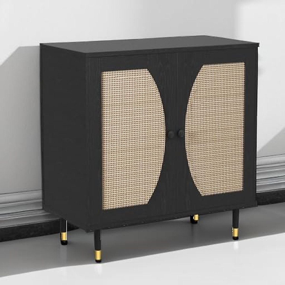 Black Buffet Sideboard Cabinet, Rattan Sideboard with Natural Rattan Doors, Black Rattan Console Table with Storage, Modern Accent Buffet Cabinet with Adjustable Shelves for Living Dining Room