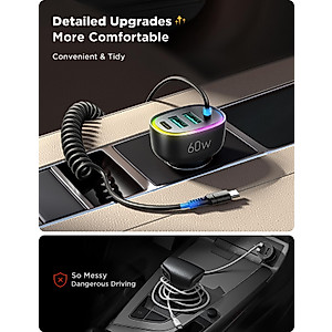 USB C Car Charger, 60W Super Fast Car Charger Adapter with 5ft 30W Type C Coiled Cable, Car Phone Charger Adapter for iPhone 15 Pro Max, Samsung Galaxy S24/S23, Google Pixel, iPad Pro…