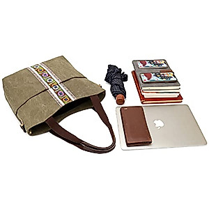 SILKAREA Women's Vintage Embroidery Canvas Shoulder Bag Hobo Daily Purse Multi Pocket Large Tote Top Handle Shopper Handbag (Army Green)