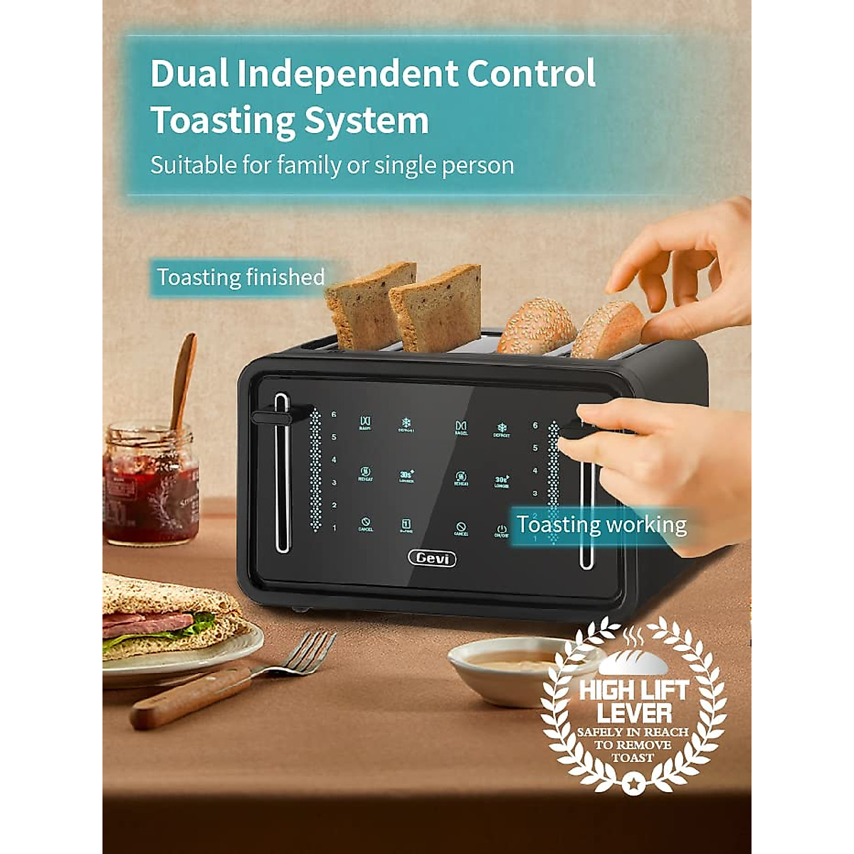 Gevi Toaster 4 Slice,Led Display Touchscreen Bagel Toaster with Dual Control Panels of Bagel/Reheat/Defrost/Cancel/Toasting One Slice/Longer Function,6 Shade Setting