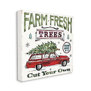 Stupell Industries Farm Fresh Trees Vintage Christmas Advertisement Station Wagon, Designed by Anne Tavoletti Canvas Wall Art, 24 x 24, Off- White