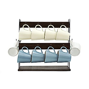 Wood Coffee Mug Rack Holder Stand with Metal Frame and Wooden Shelf for Coffee, Countertop 2 Tier Tea Cups Display Organizer for Home & Kitchen