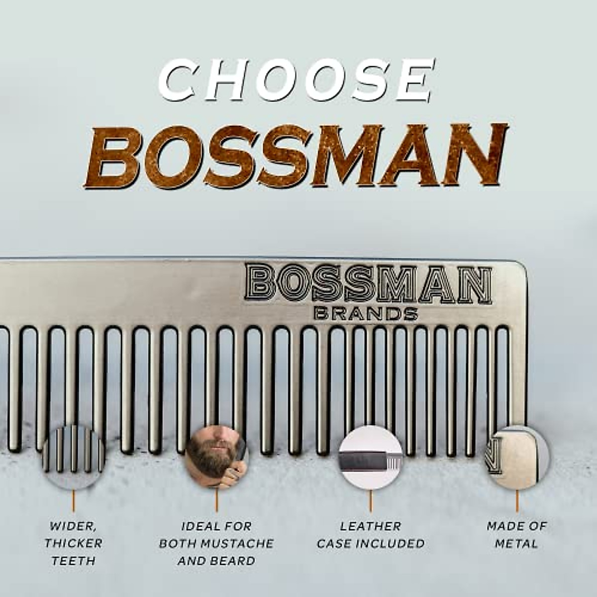 Bossman Metal Comb for Men - Hair and Beard Comb - Accessories for Men's Mustache, Beard and Hair Care with Leather Pocket Case (Black)