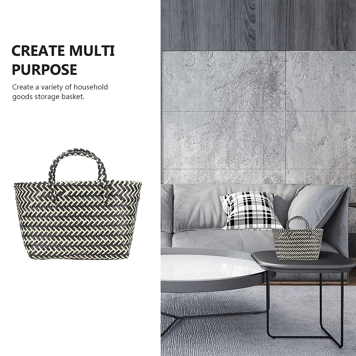 Cabilock Handmade Moroccan Market Basket Large Capacity French Wicker Basket Straw Beach Bag Vegetables Shopping Basket with Handle for Women Shopping Laundry Black