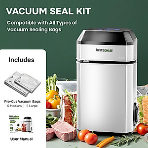 InstaSeal Food Vacuum Sealer Machine with 12 Bags, Patented Upright Food Saver Vacuum Sealer Machine Allows to Vacuum Seal Liquids, Food Sealer Vacuum Sealer for Food Saves & Keeps Food Fresh Longer