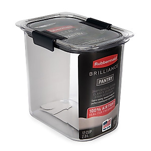 Rubbermaid Brilliance Airtight Food Storage Container for Pantry with Lid for Flour, Sugar, and Rice, 12-Cup, Clear/Grey