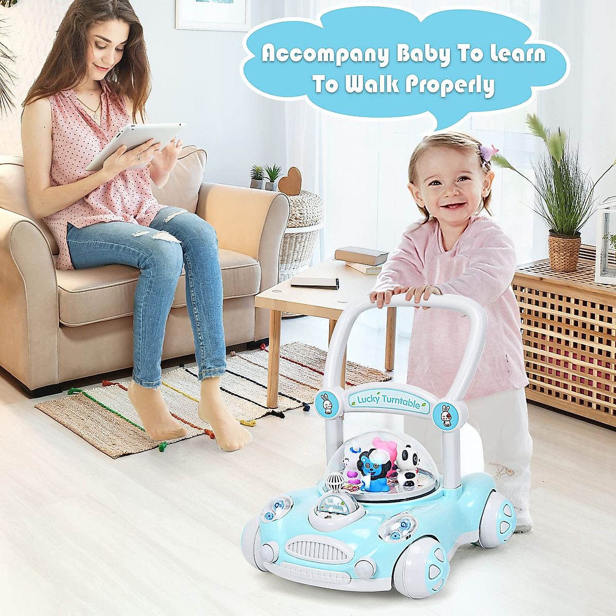 INFANS Baby Walker, 3 in 1 Toddler Walker Bouncer, Learning-Seated, Walk-Behind, Music, Adjustable Height, High Back Padded Seat, Detachable Trampoline Mat, Activity Walker with Toys(Pink)