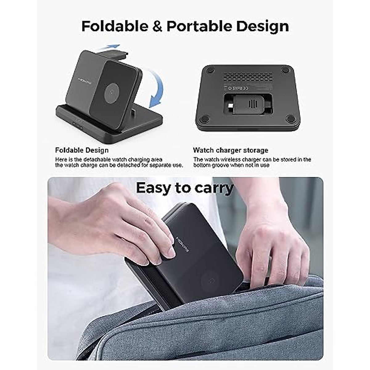 Charging Station for Samsung 3 in 1 Foldable Wireless Charger Fast Charger Dock Stand for Galaxy Z Fold 4/3, Z Flip 5/4/3, S23/S22/S21/S20, Note20/10 Ultra, Watch 5 Pro/5/4/3/Active, Buds+/2/Pro/Live